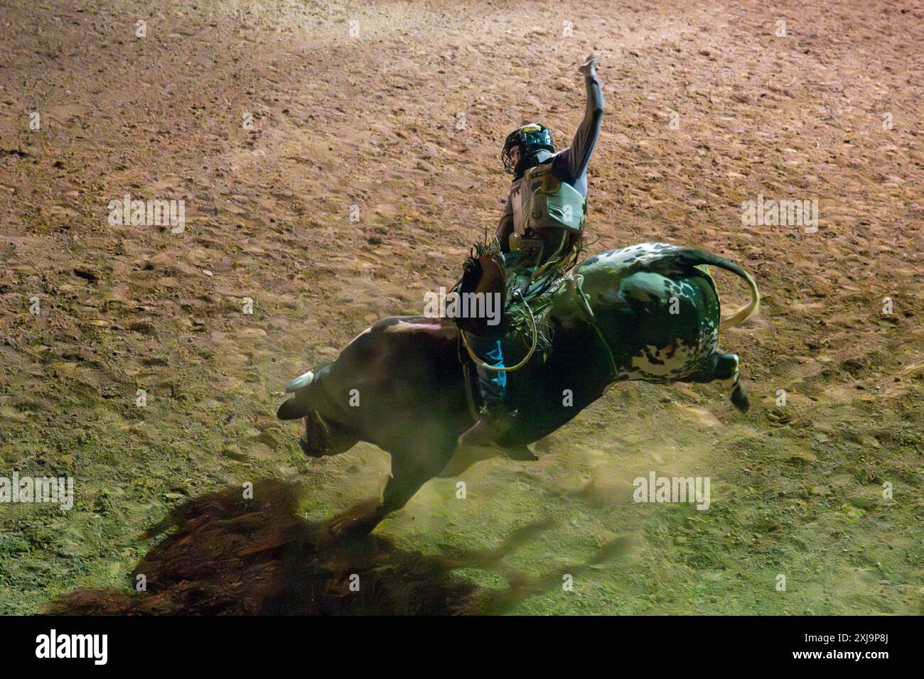 A professional rodeo cowboy rides a bull in a rodeo in a small town in ...