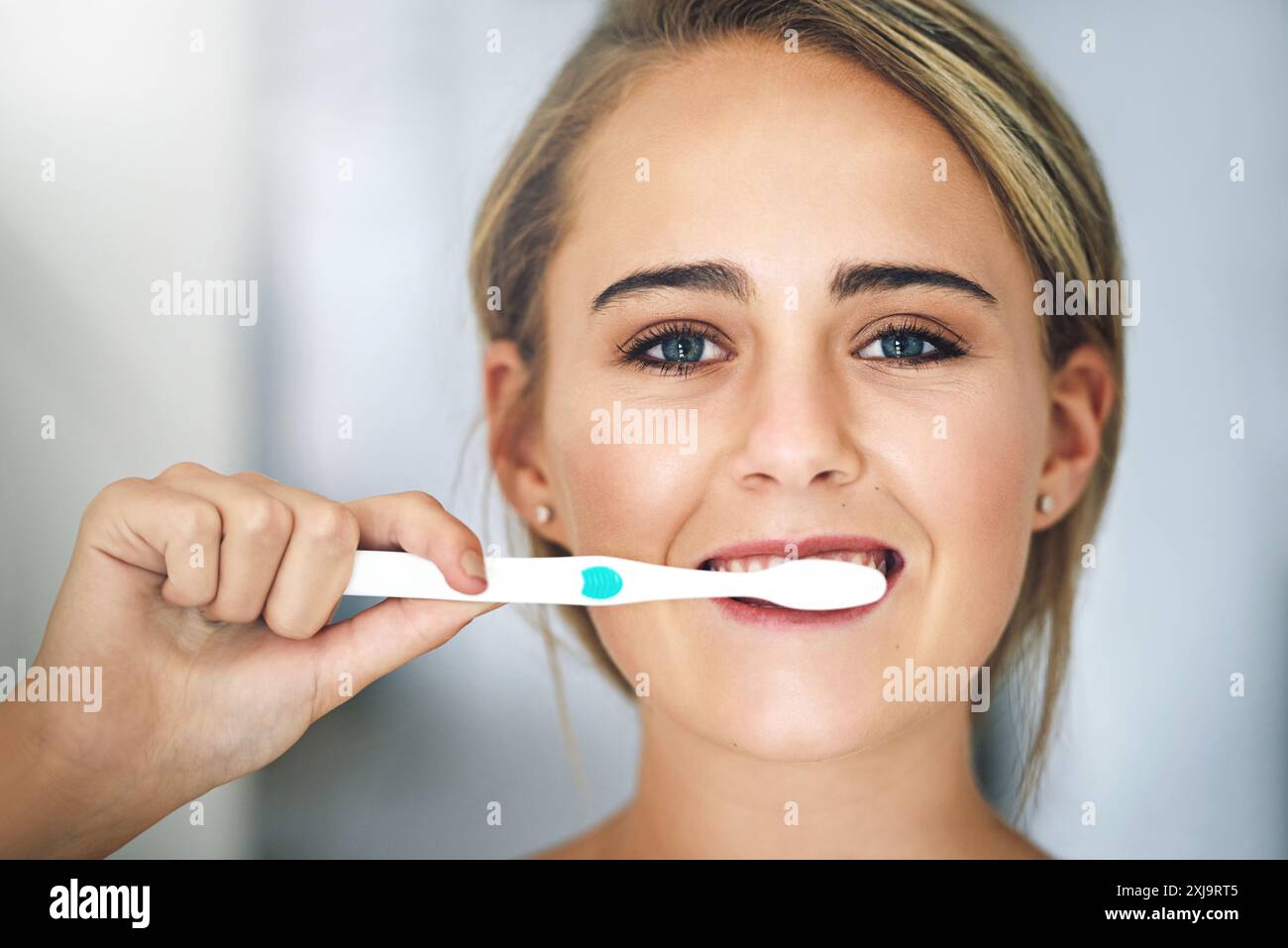 Dental care, brushing teeth and portrait of woman in home for fresh ...