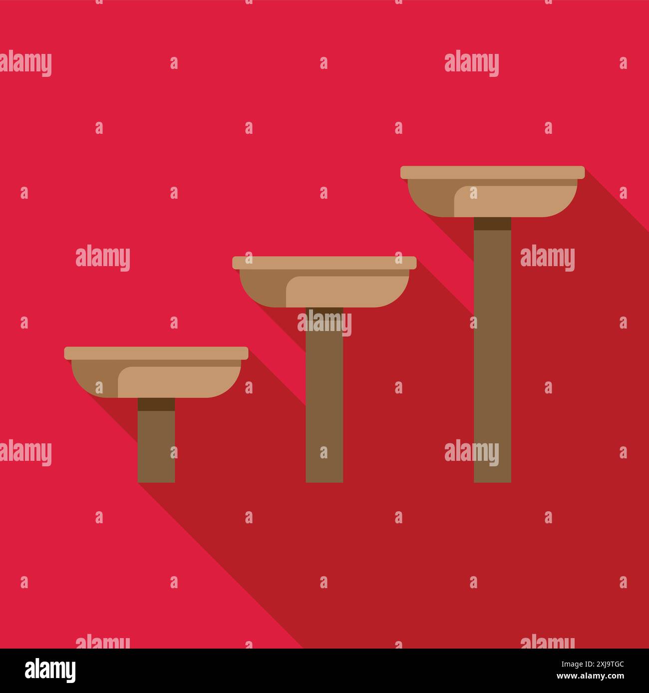 Cat tree with three platforms is standing near red wall, flat style ...