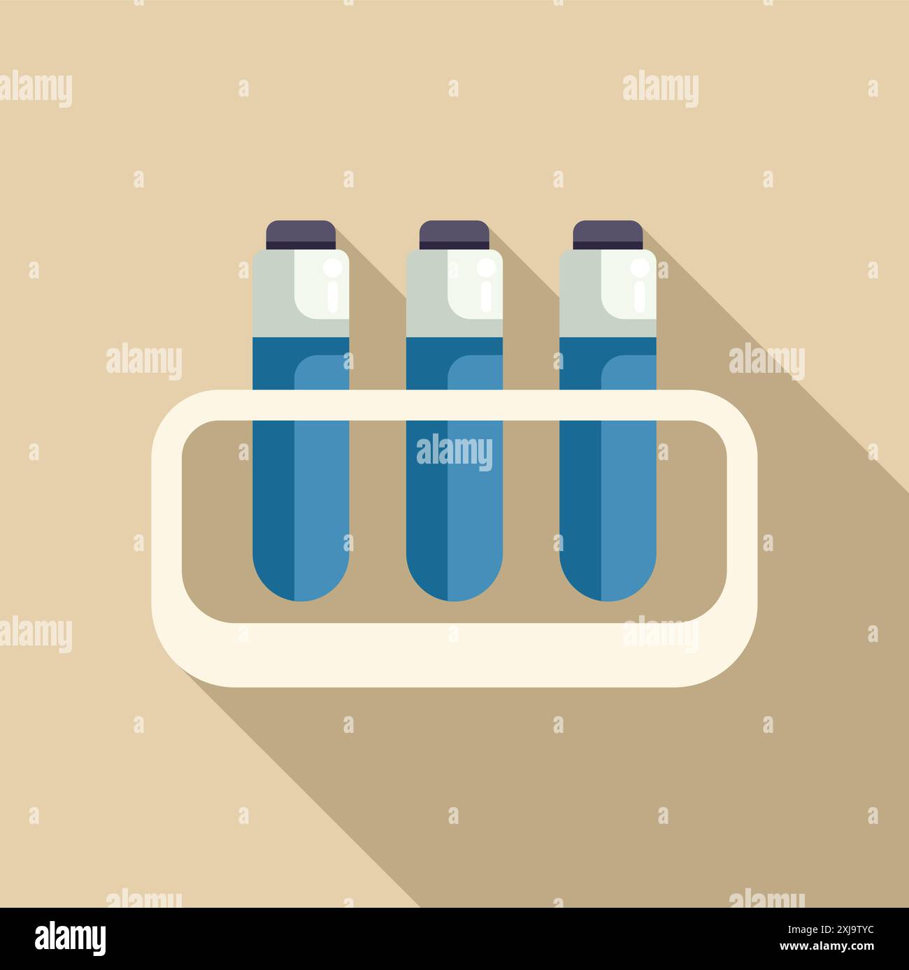 Three test tubes holding blue liquid are sitting in a test tube rack ...