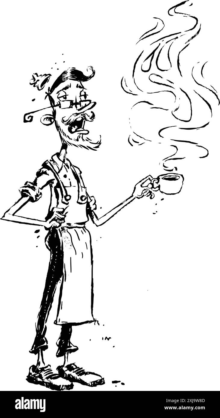 Funny cartoon sketch of a boy or man barista holding cup of hot coffee ...
