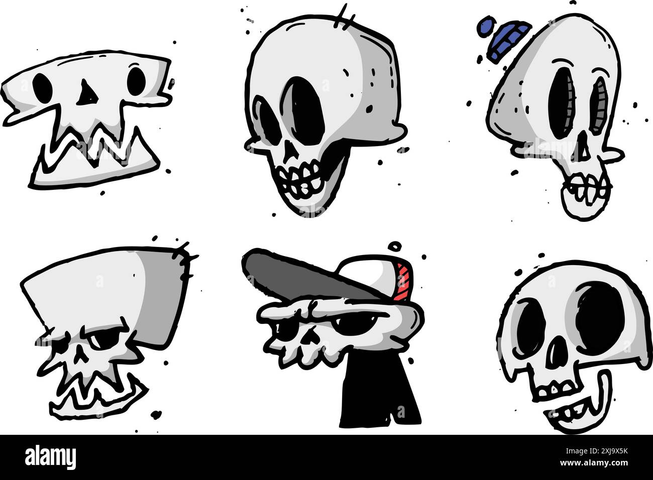Cartoon Halloween funny skulls set isolated on white background. Grim ...