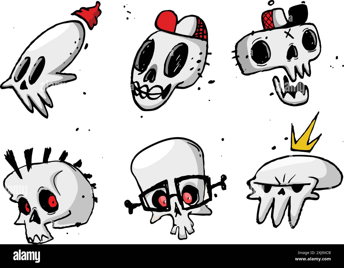 Cartoon Halloween funny skulls set isolated on white background. Grim ...