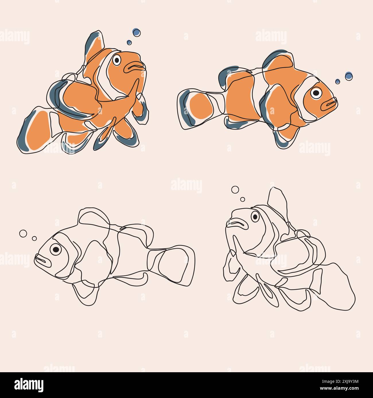 Colorful line art illustration of a clownfish swimming in a vibrant ...