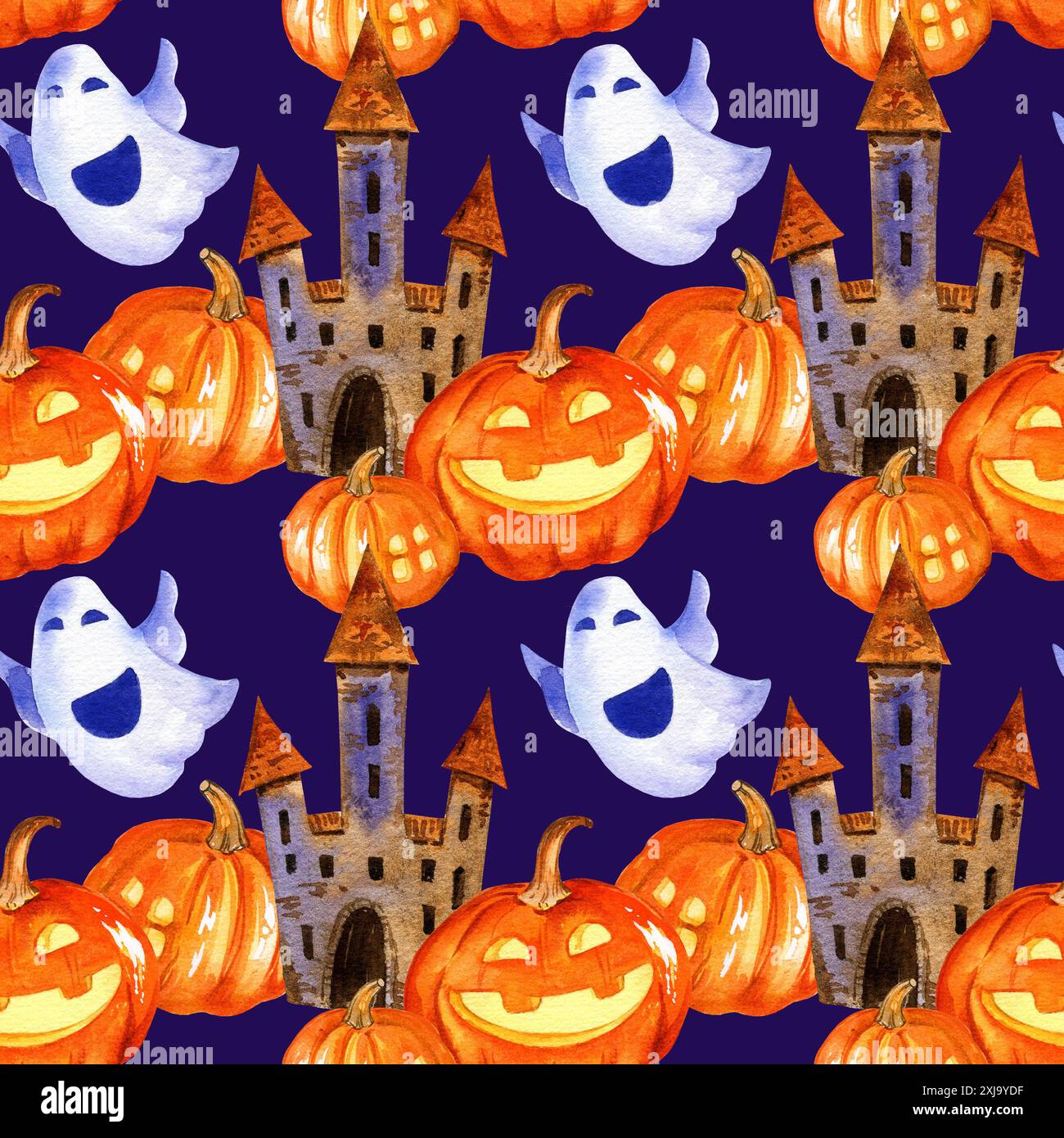 watercolor seamless pattern of Halloween theme with tower, cute cartoon ...