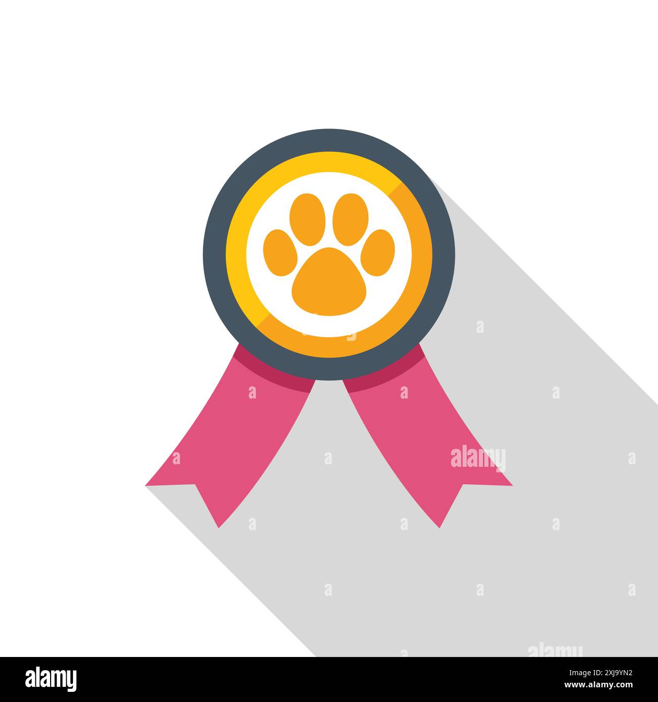 Round icon with a dog paw print inside is featured on a pink ribbon ...