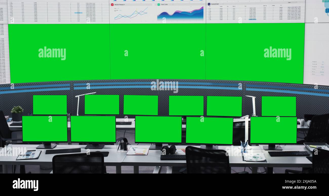 Empty Monitoring Office With Green Screen Chromakey Desktop Computer ...