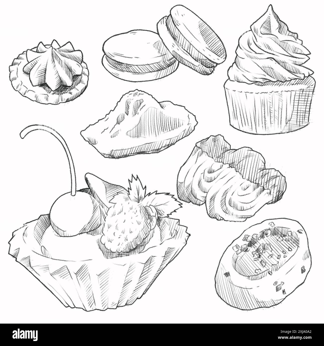 set of hand drawn pastry illustrations Stock Photo - Alamy