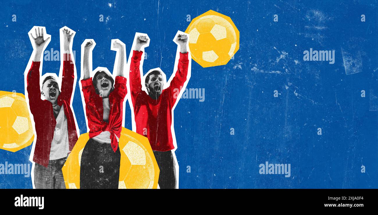 Poster. Contemporary art collage. Energetic fans shouting raising hands ...