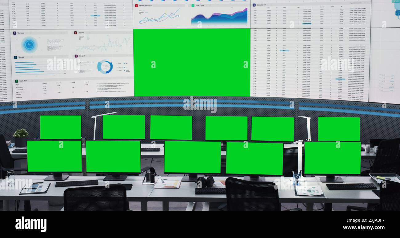 Empty Modern Monitoring Office With Green Screen Chromakey On Big ...