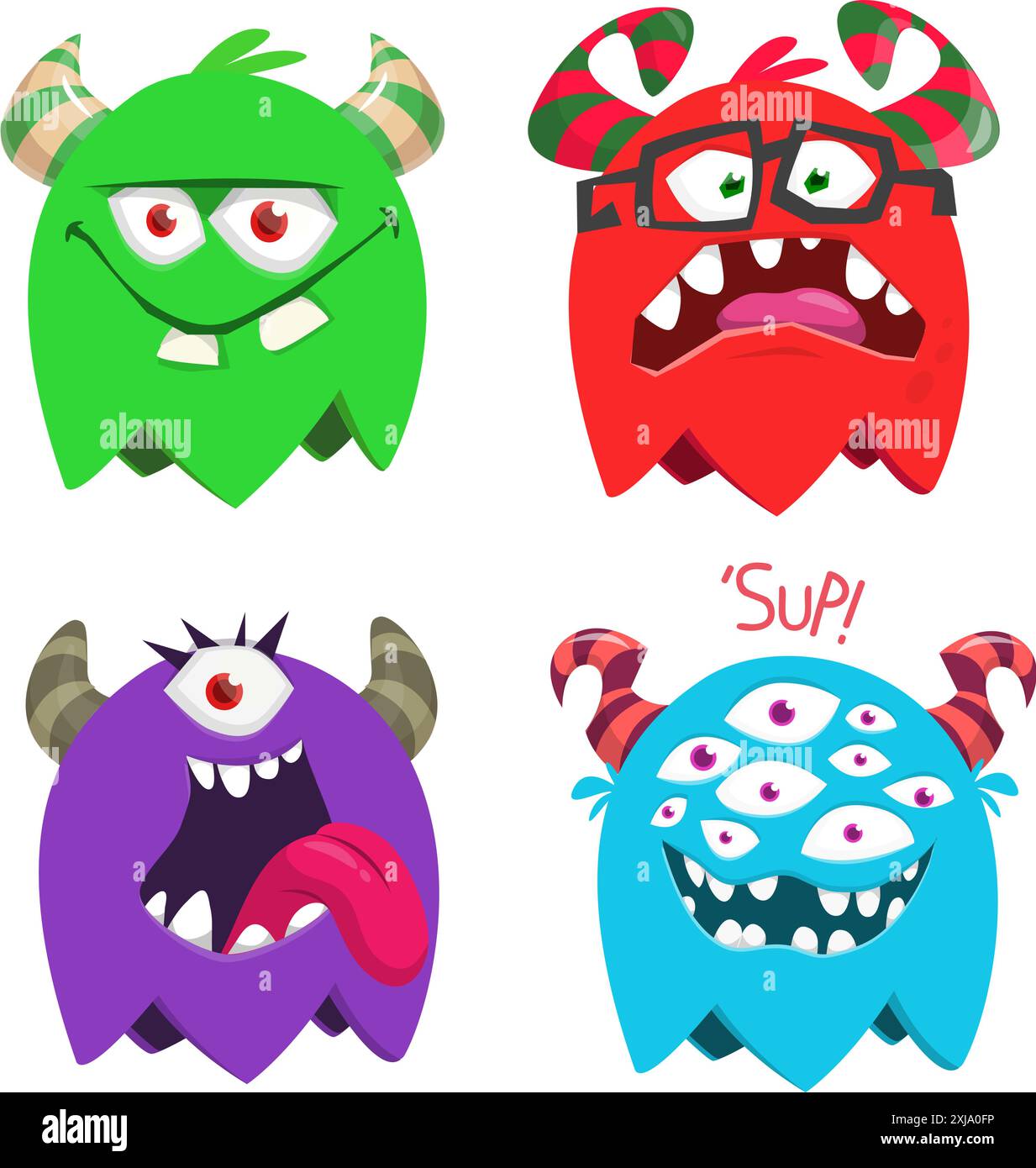 Funny cartoon smiling monsters set. Illustration of cute and happy ...