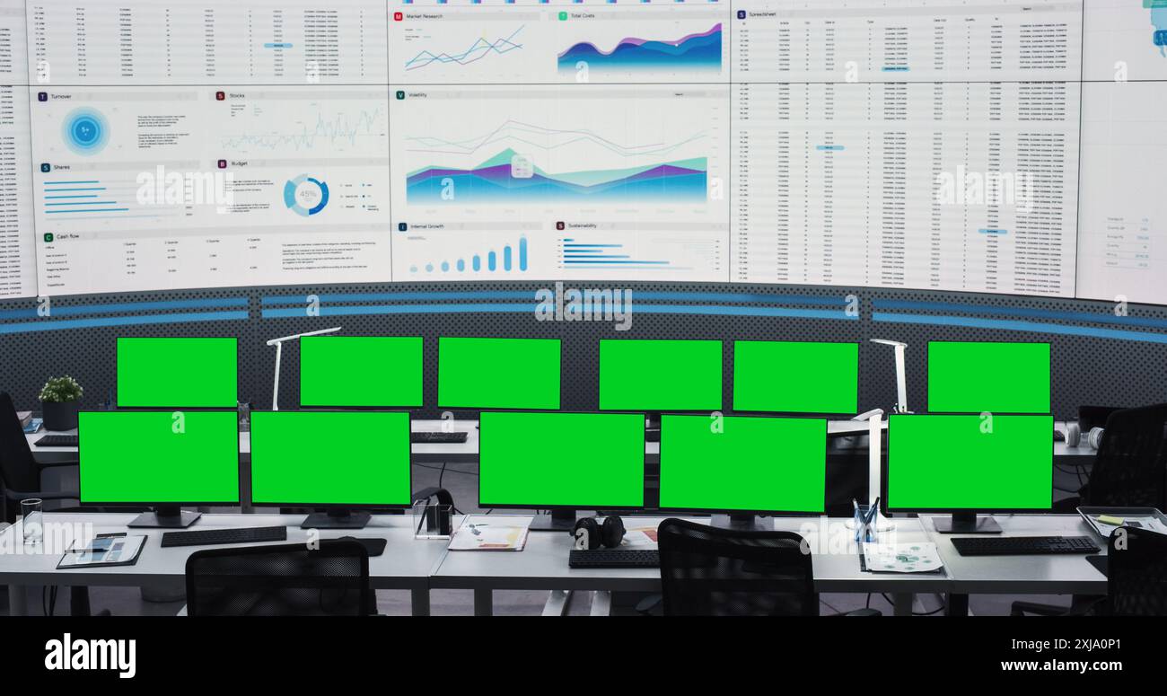 Empty Monitoring Office With Green Screen Chromakey Desktop Computer ...