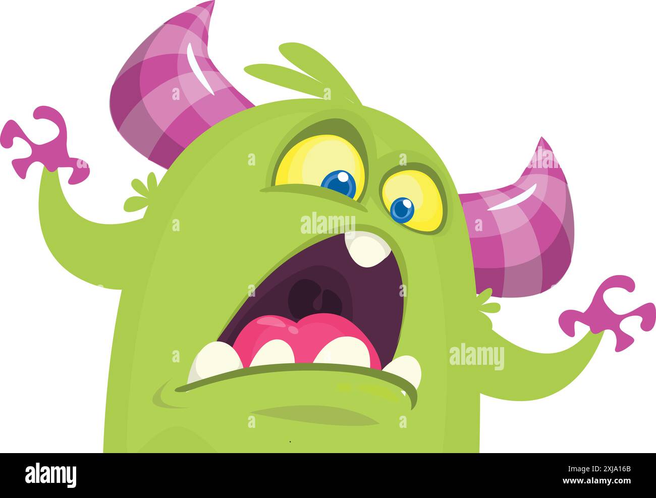 Scared cartoon pink monster waving. Vector cute monster mascot ...