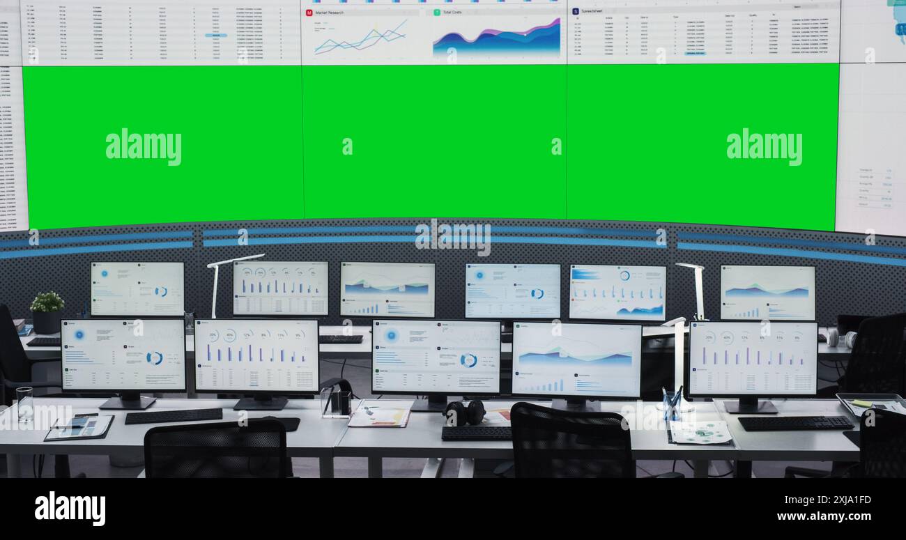 Empty Monitoring Office With Green Screen Chromakey On Big Digital ...