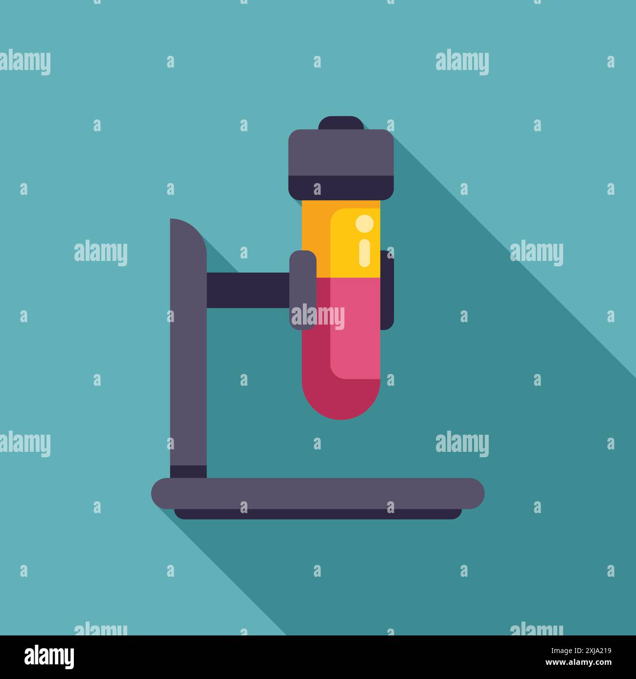 Test tube filled with yellow and pink liquid is being held by a clamp ...