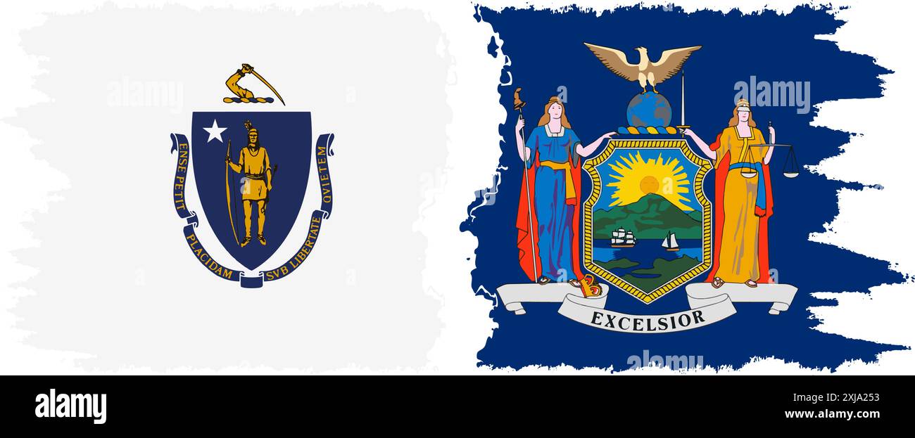 New York and Massachusetts states grunge brush flags connection, vector ...
