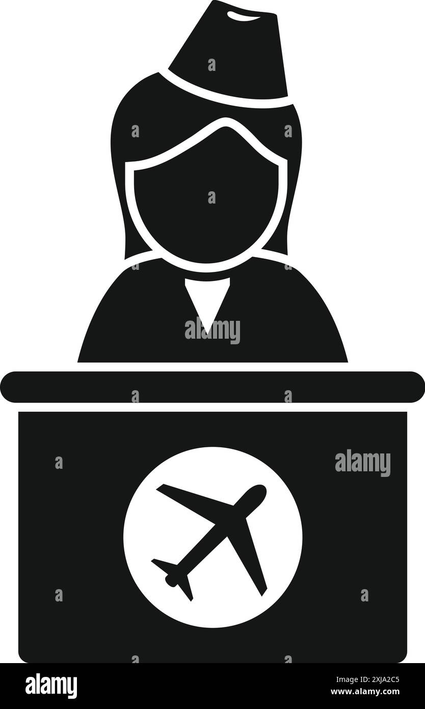 Airport staff member wearing a uniform and hat standing behind a check ...