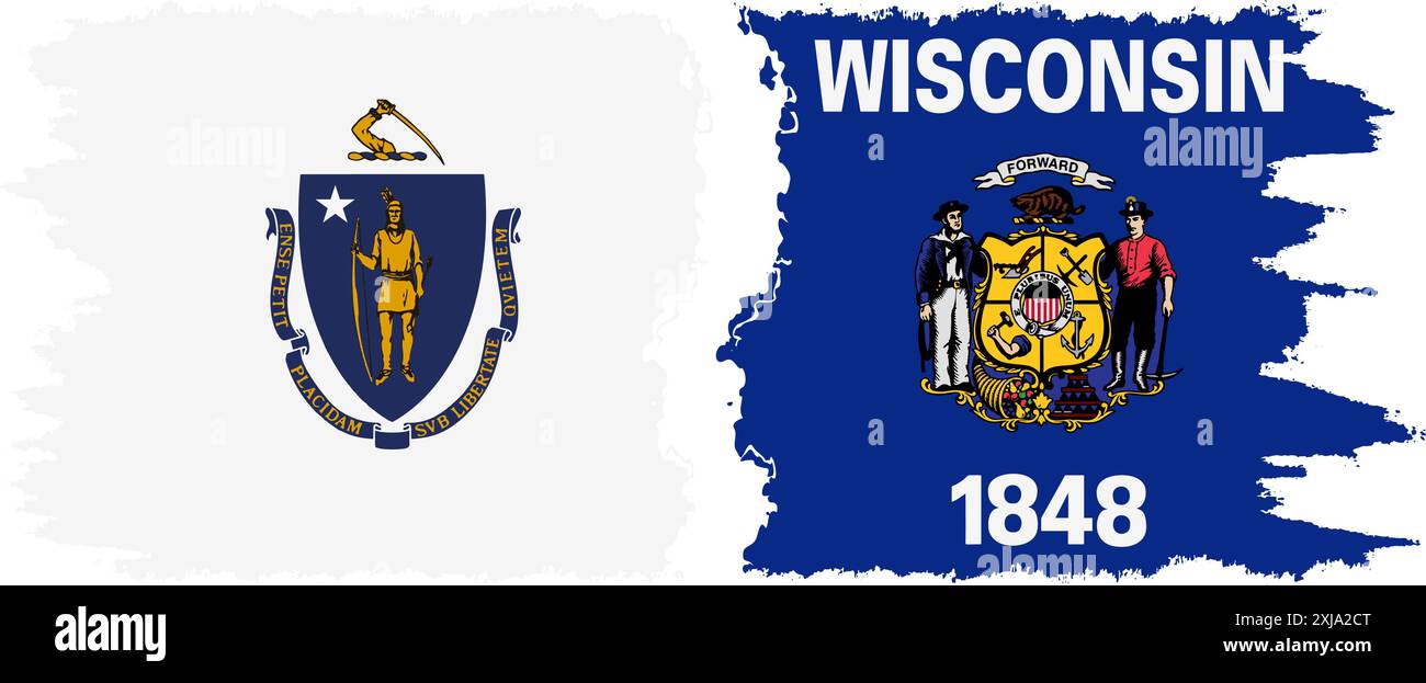 Wisconsin and Massachusetts states grunge brush flags connection ...