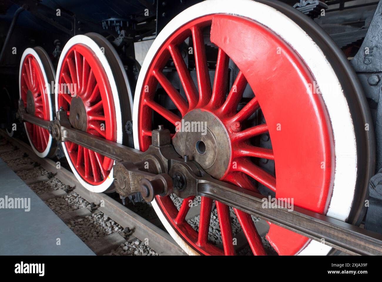Close up of the rows of steel wheels of a locomotive steam train Stock ...