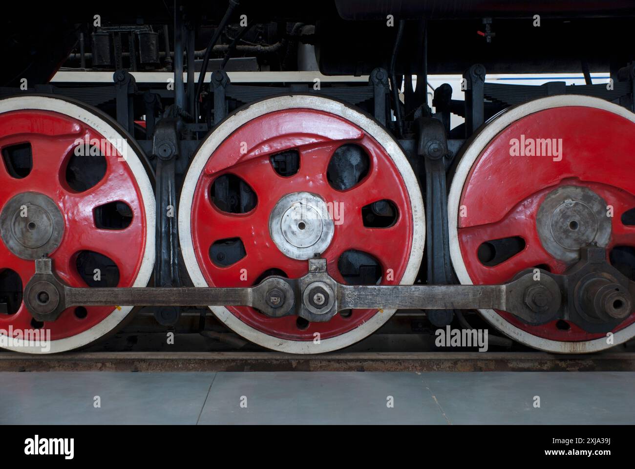 Close up of the rows of steel wheels of a locomotive steam train Stock ...