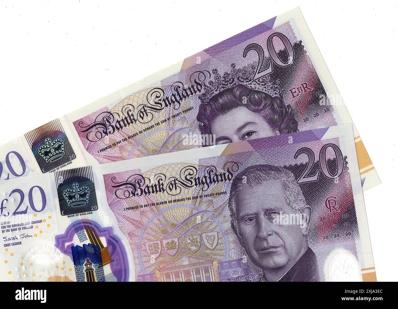 Close up of £20 banknotes from the United Kingdom featuring a portrait ...