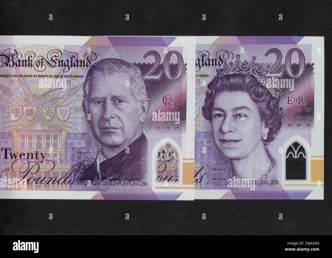 Close up of £20 banknotes from the United Kingdom featuring a portrait ...
