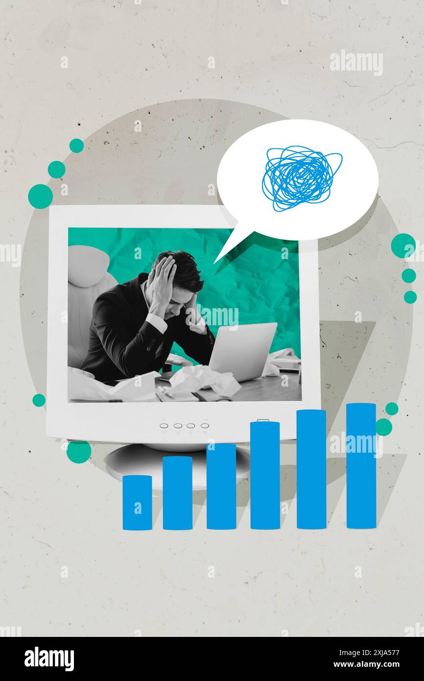 Collage artwork sketch of worried nervous man sitting thinking problem ...