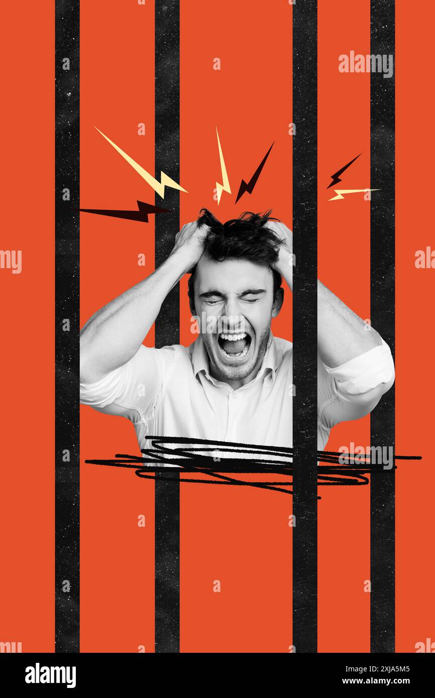 Vertical image collage young man scream shout psycho mental disorder ...