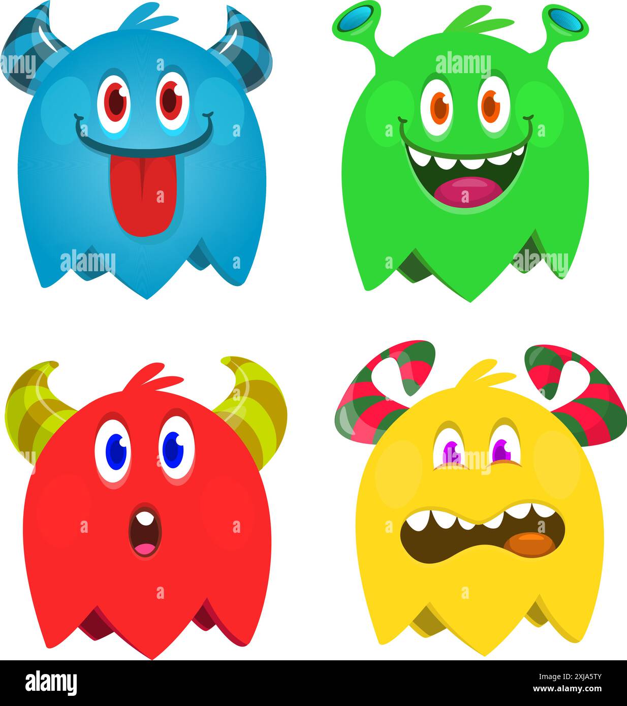 Funny cartoon smiling monsters set. Illustration of cute and happy ...