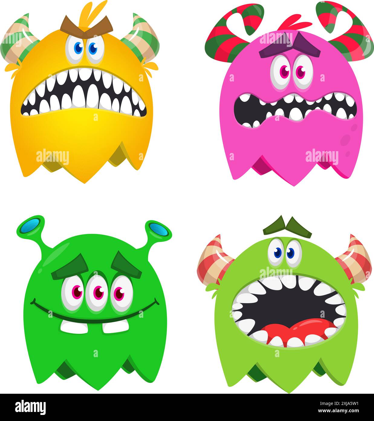 Funny cartoon smiling monsters set. Illustration of cute and happy ...