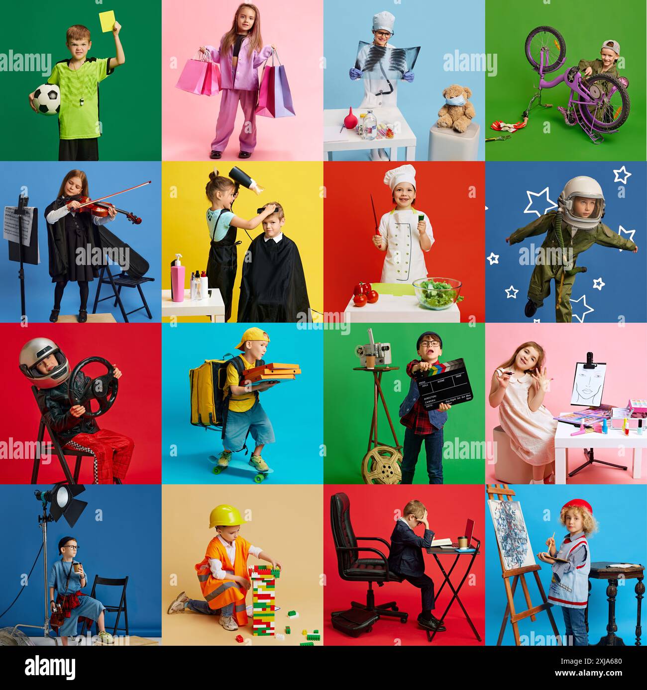 Vivid collage. Group of little children in uniforms of different ...