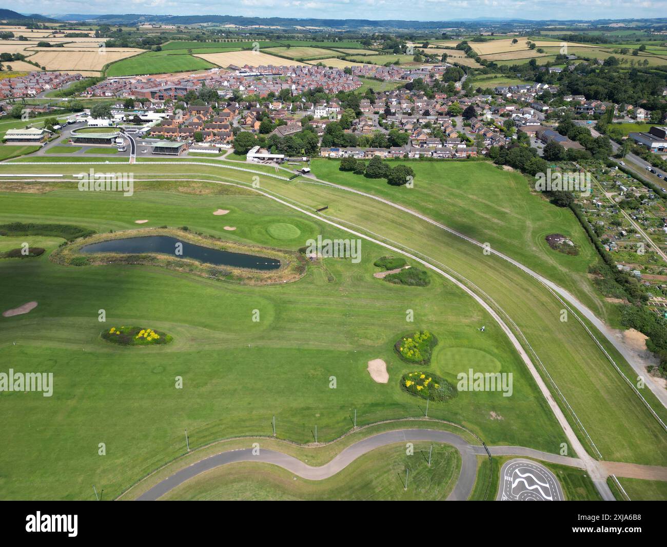 Hereford racecourse UK aerial view showing part of the race course with ...
