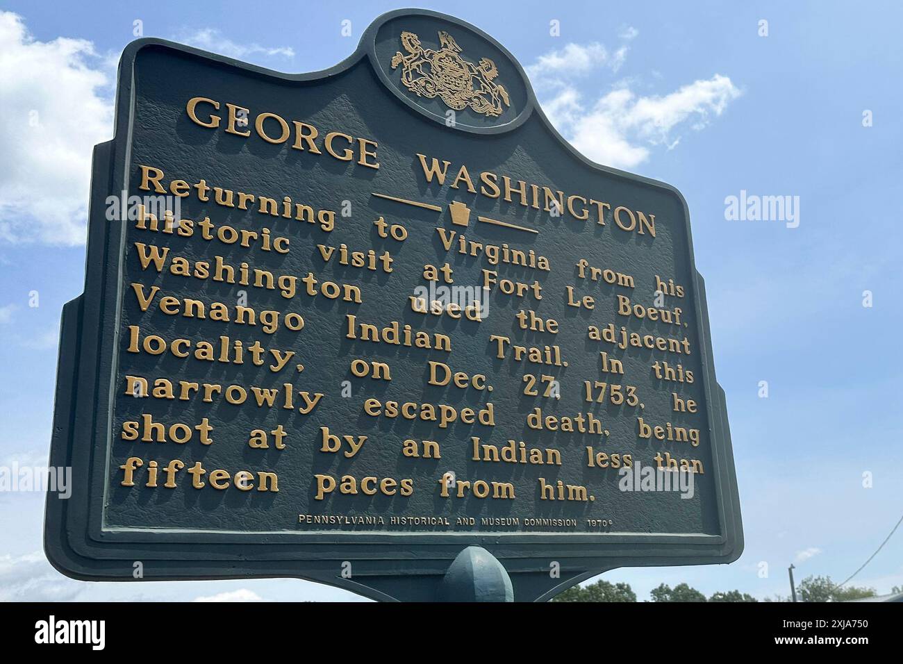 An historical marker near the spot where George Washington “narrowly ...