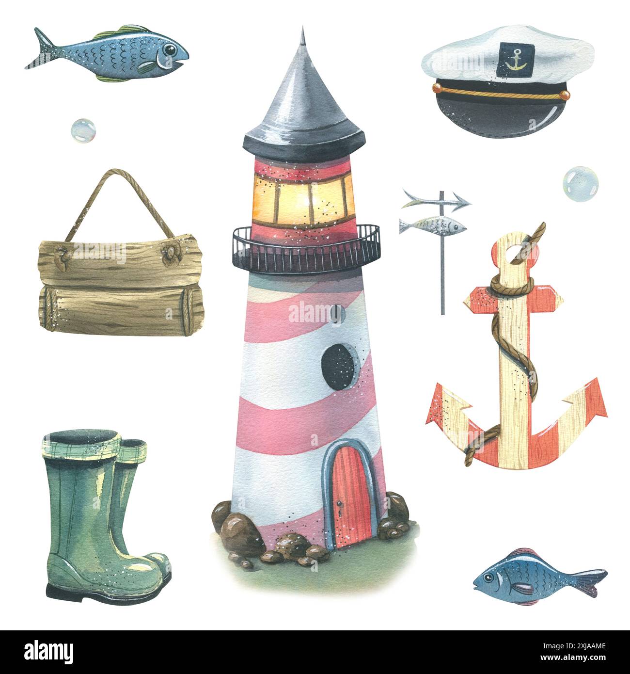 Striped lighthouse, fish, wooden board, rubber boots, captain's cap ...