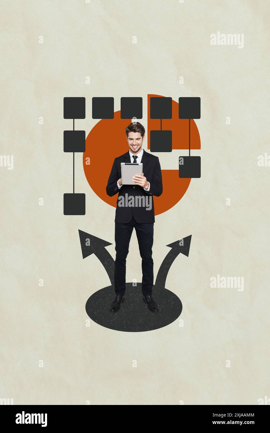 Artwork collage image of nice happy man browsing ipad reading news ...