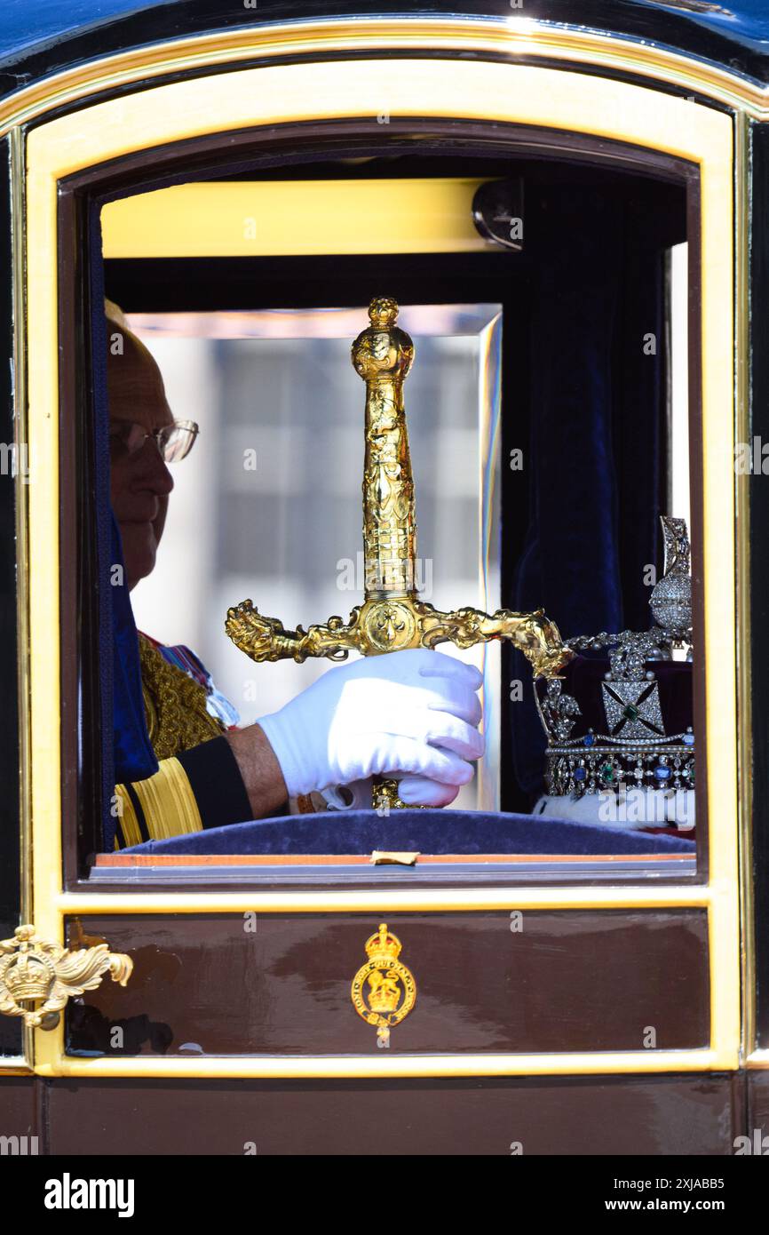 London, UK. 17 July 2024. Queen Alexandra's State Coach, carrying the ...