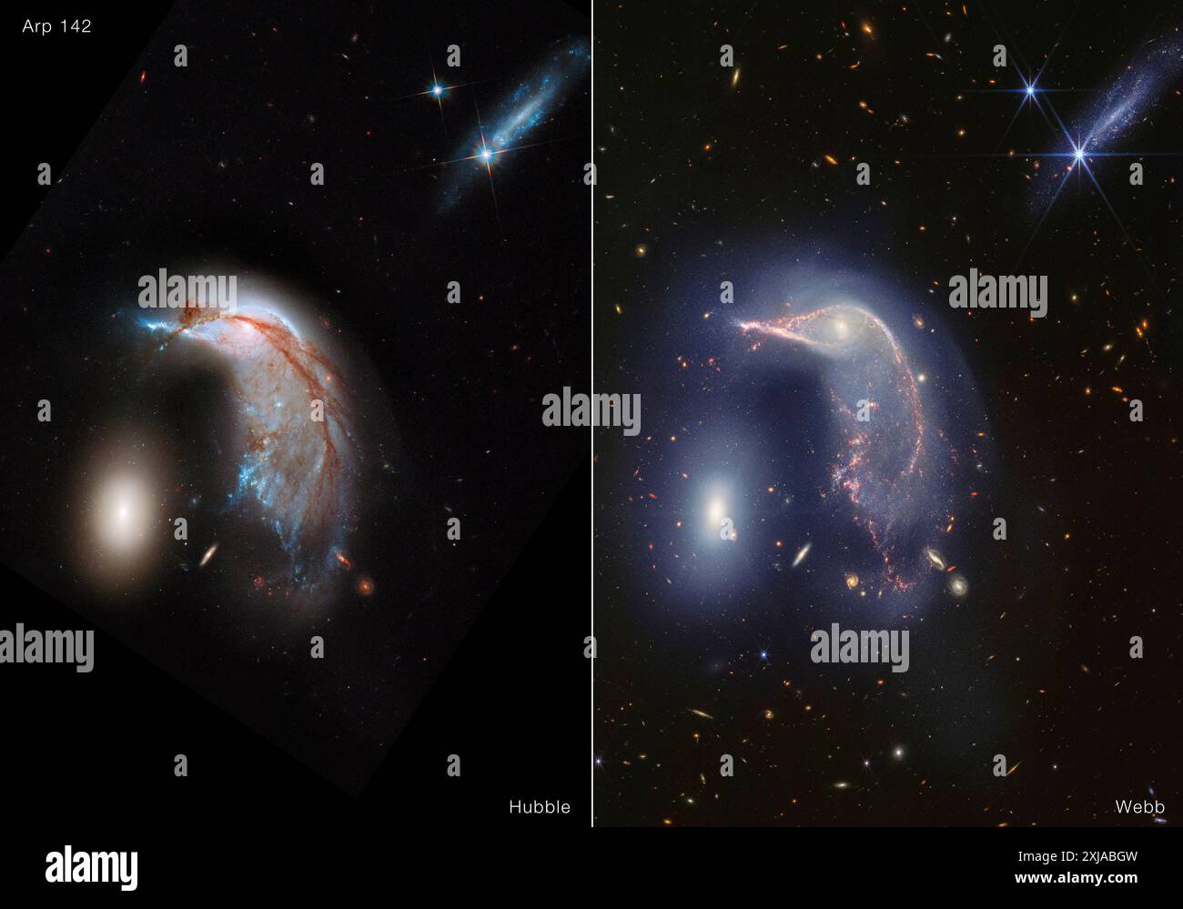 NASA's Hubble Space Telescope captured visible light when observing Arp 142, nicknamed the ...