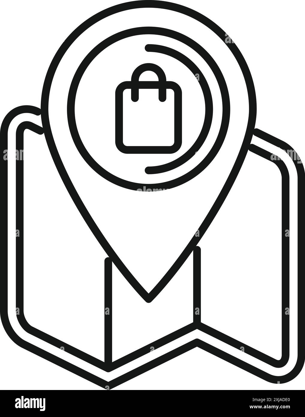 Location pin is pointing to a shopping bag on a map, representing ...