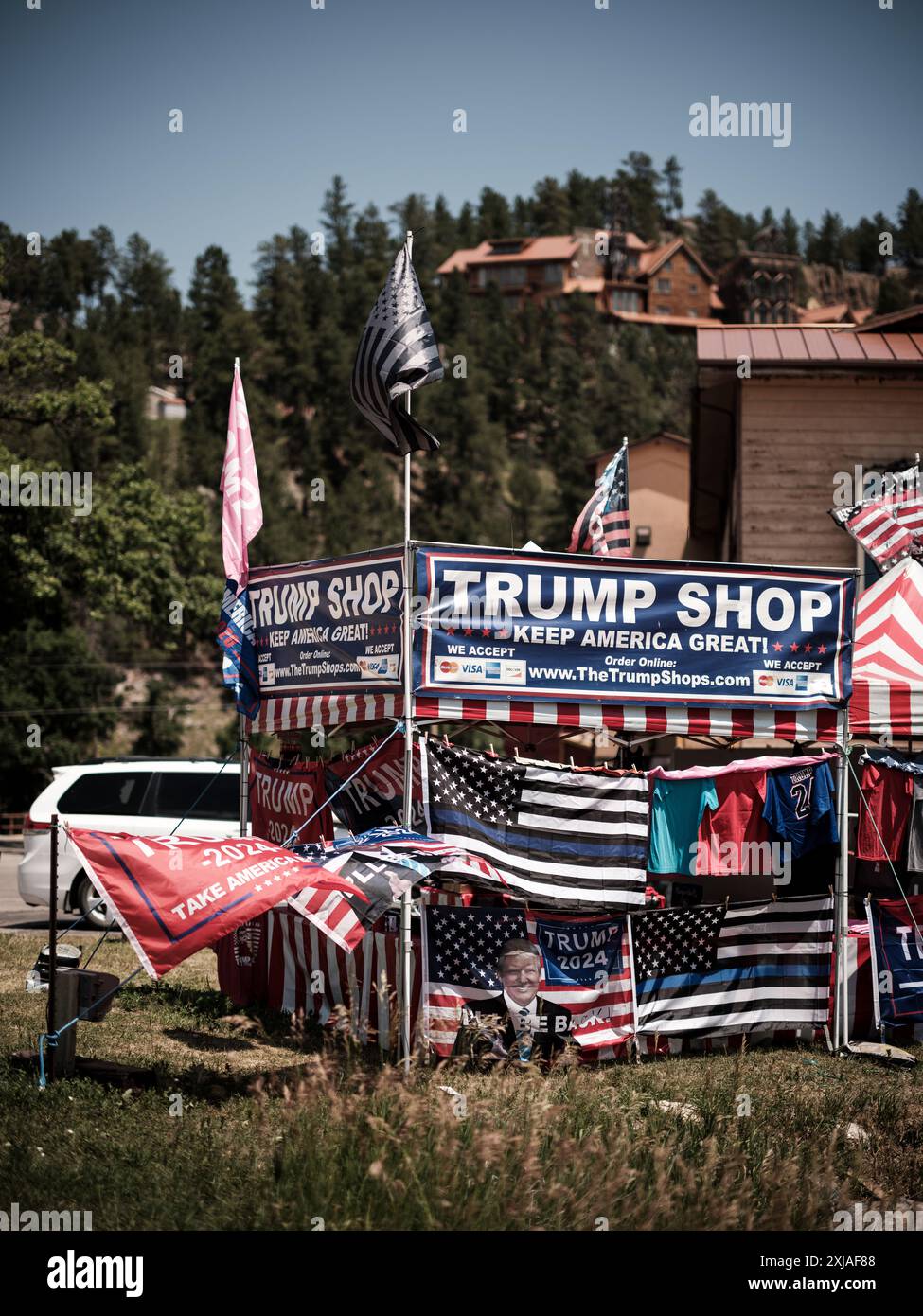 A temporary road-side sales tent featuring items related to Donald ...