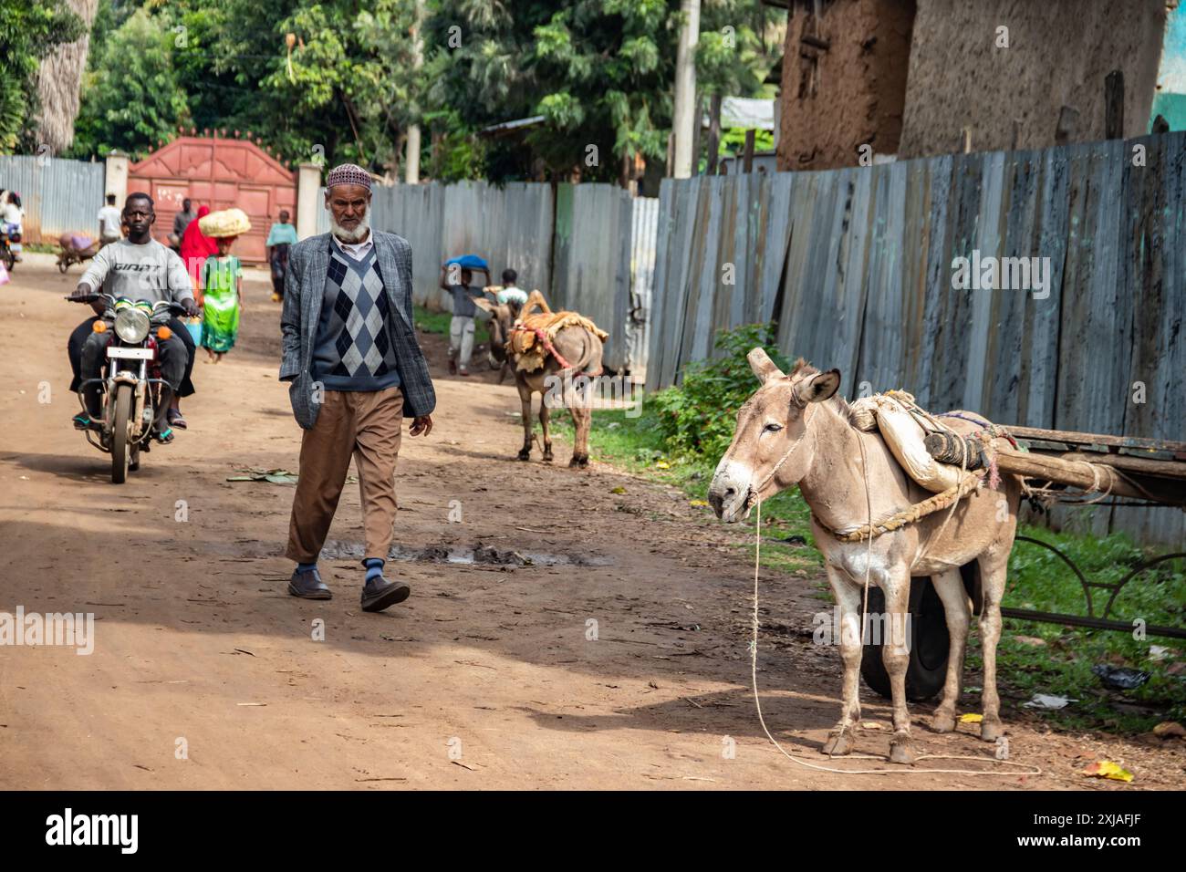 Dusty and Colorful African Village Street Scene with People passing and ...