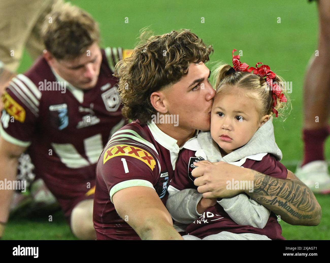 Brisbane, Australia. 17th July, 2024. Reece Walsh of the Maroons is ...