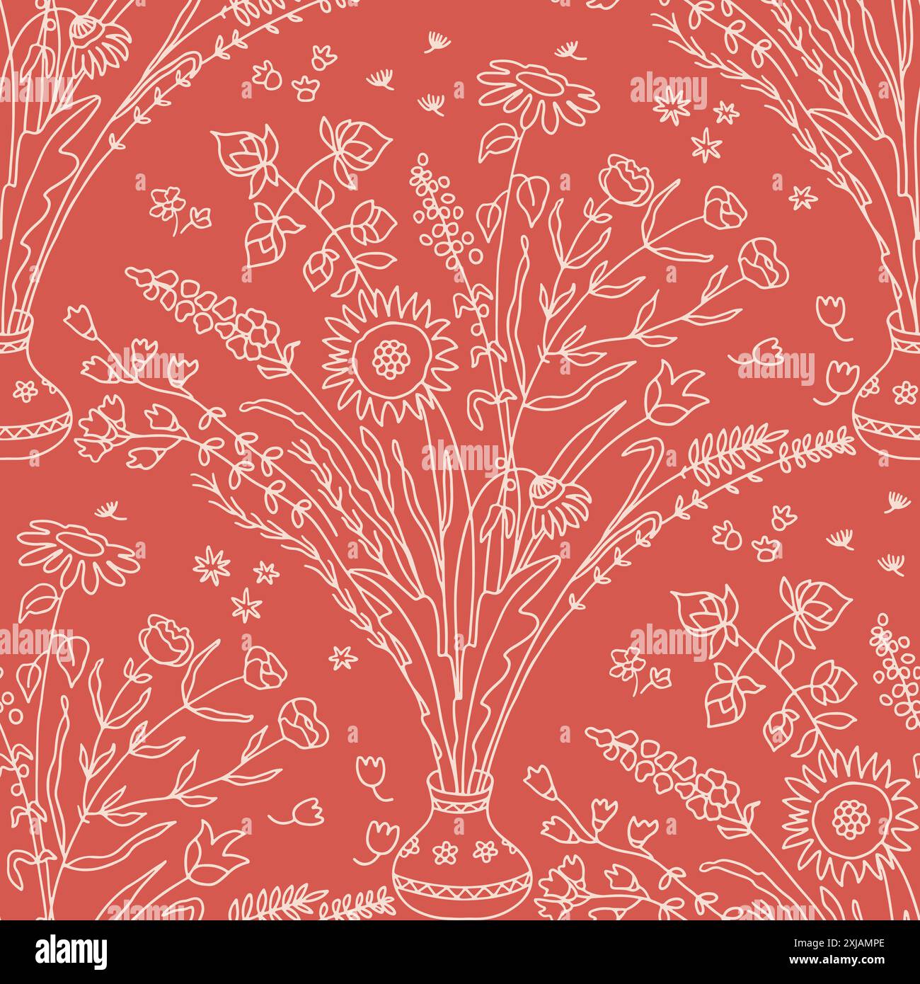 Vase with wild flowers. Red background and white line drawings. Ogee ...