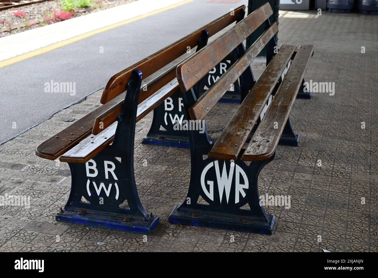 Seats on Totnes railway station bearing the initials of the Great ...