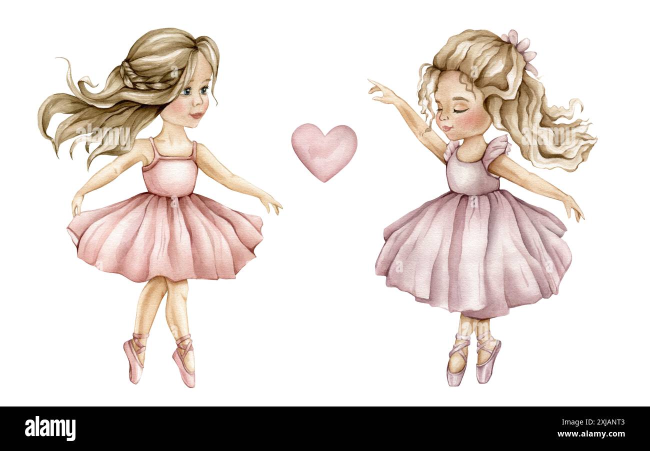 Watercolor two dancing ballerinas a in pink dress and blond hair. Hand ...