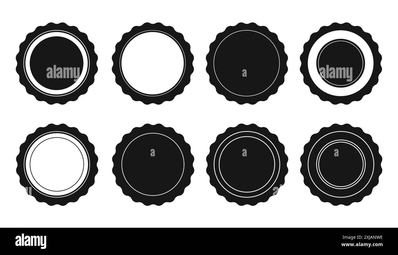 Eight black and white round seal icons with wavy edges are shown. The ...