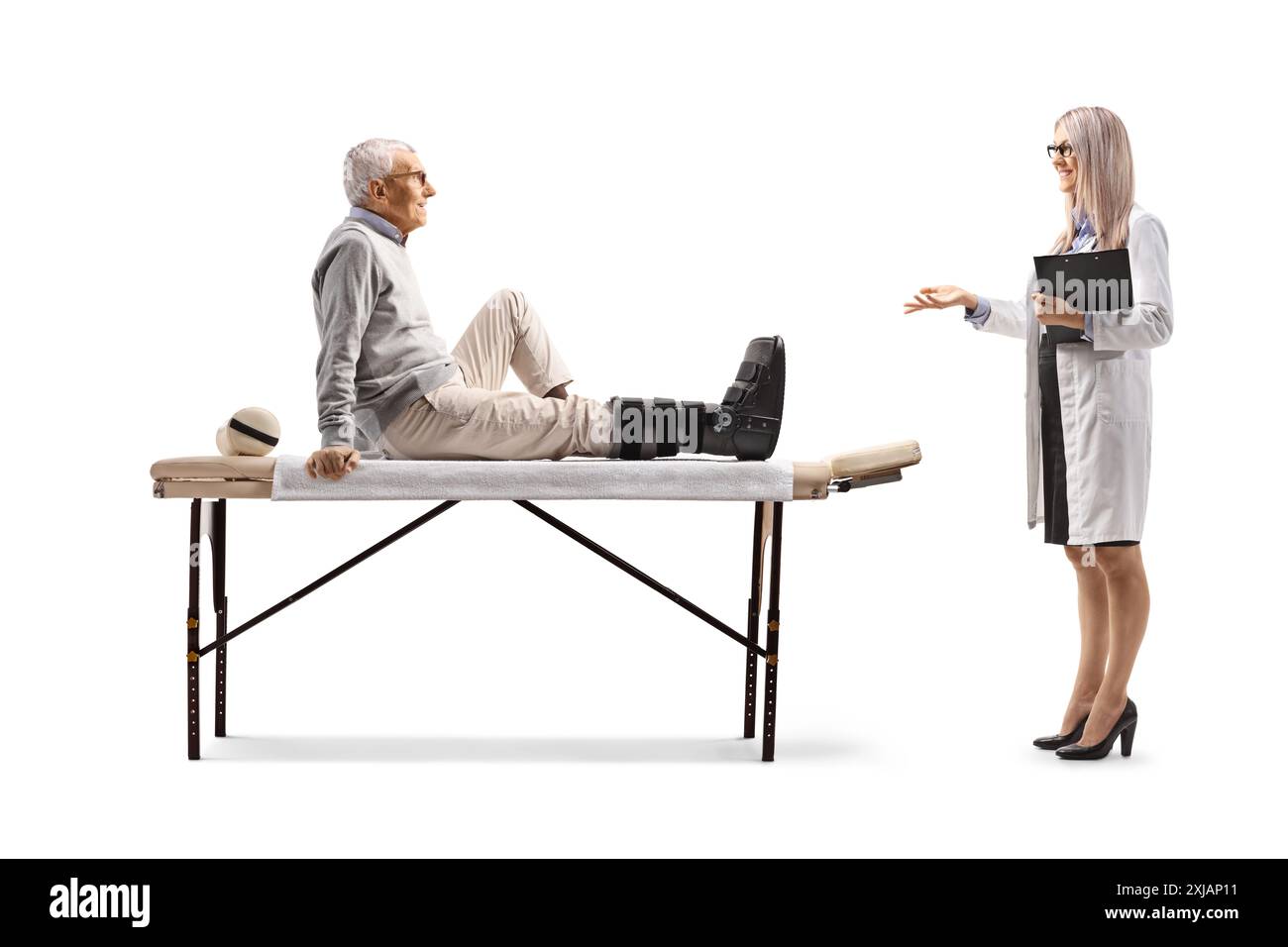 Female doctor talking to an elderly man with orthopedic foot brace ...