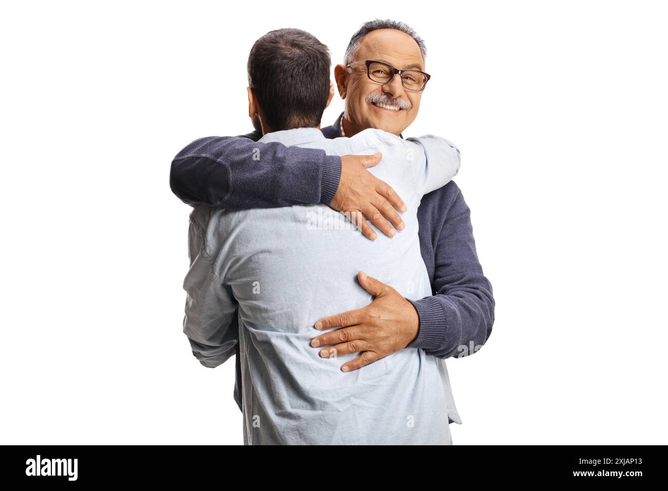 Happy men greeting each other with a hug isolated on white background ...