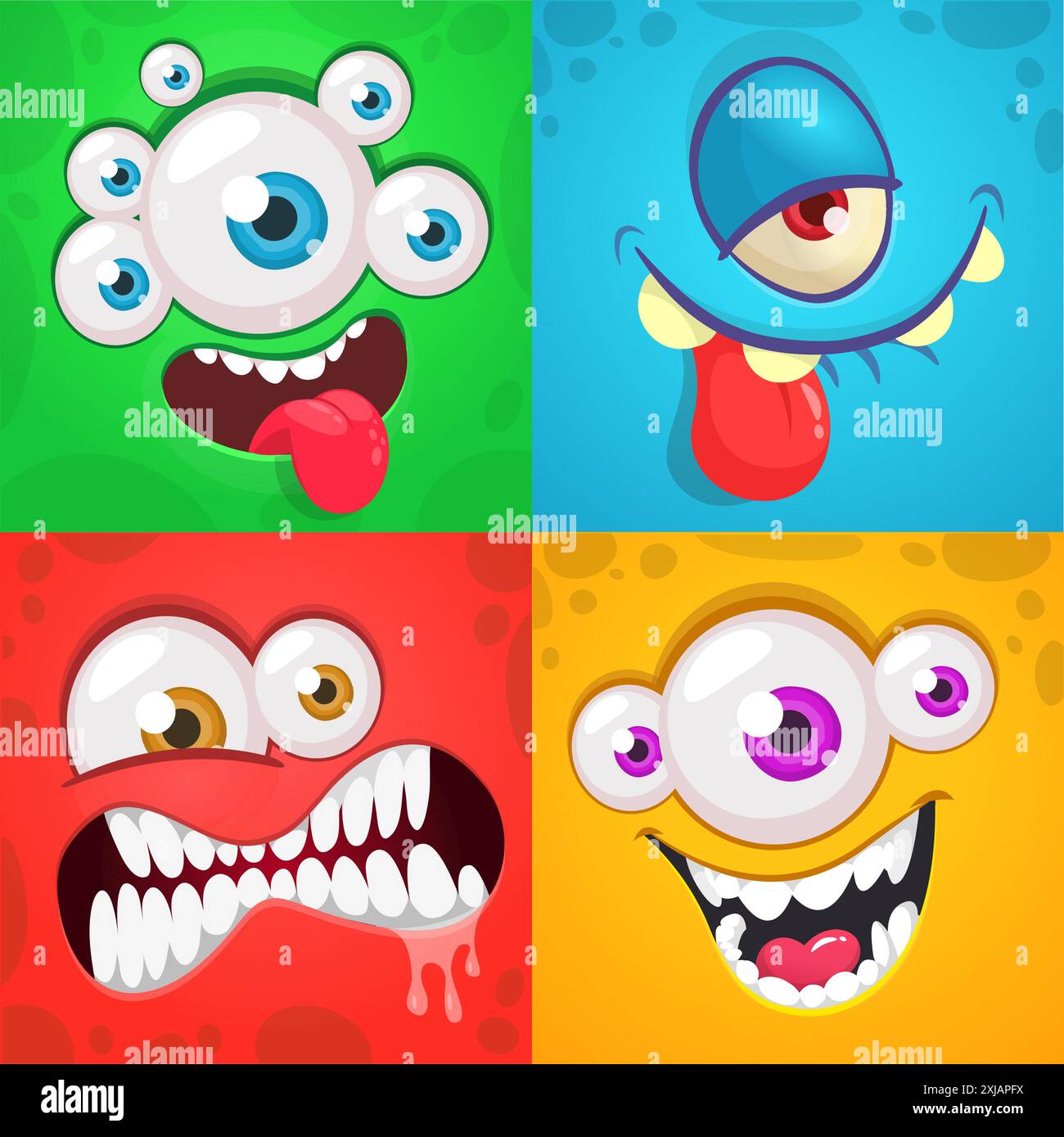 Cartoon monster faces set. Vector collection of four Halloween monster avatars with different ...