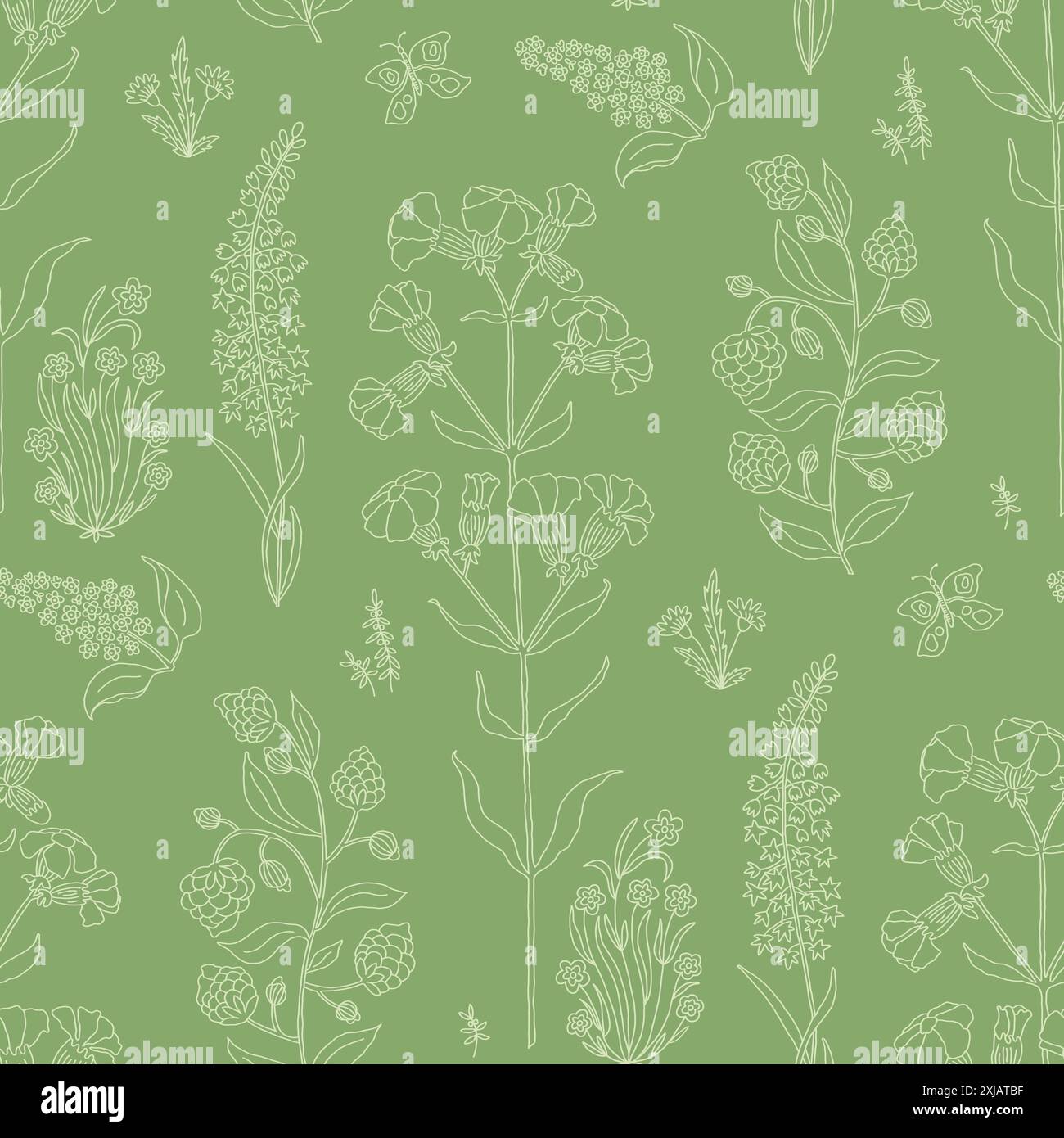 Wild flowers 2-tone outline seamless pattern on green background Stock ...
