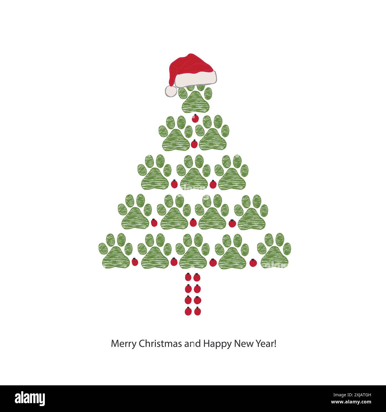 Made of paw prints pine tree. Happy new year and Merry Chirstmas ...